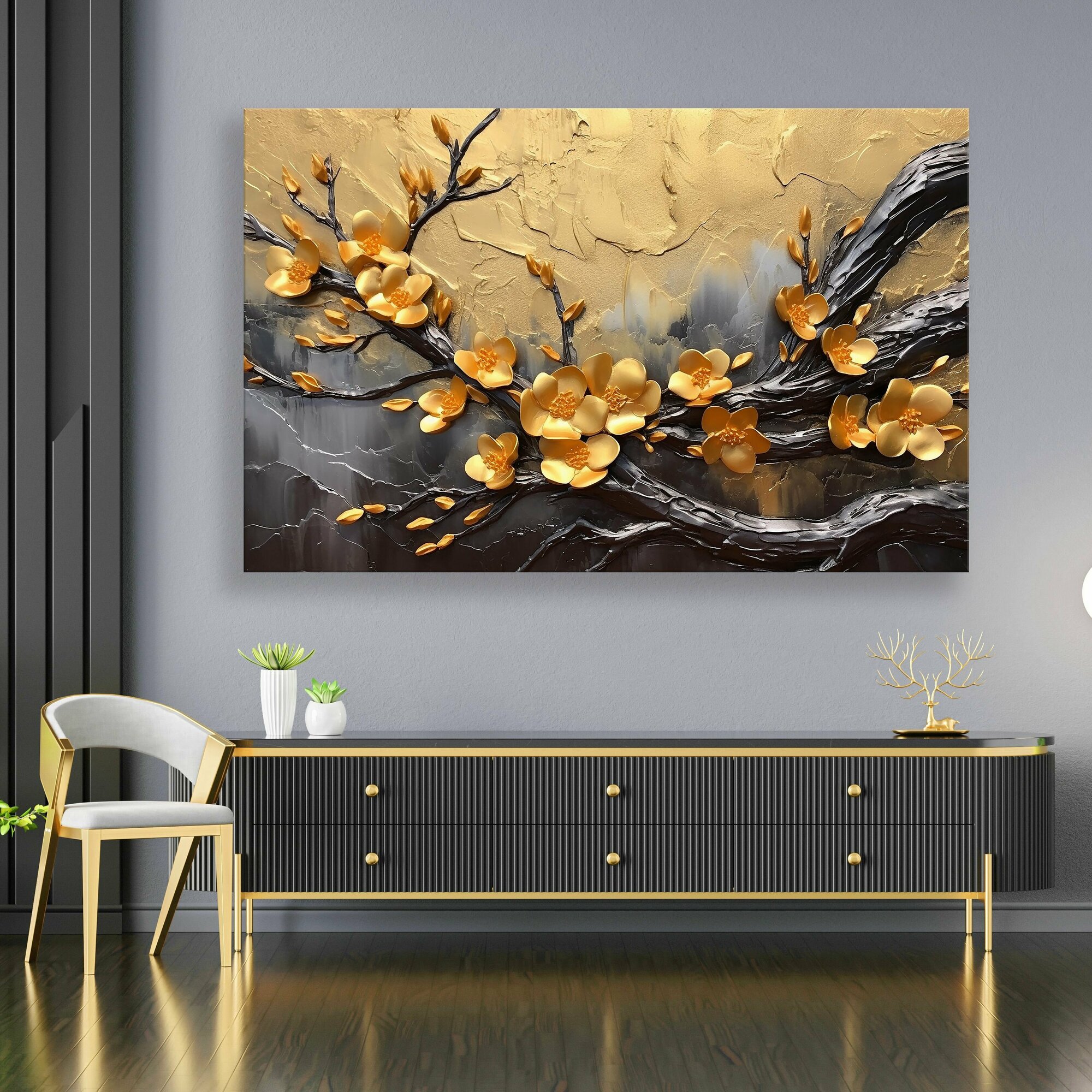 Картина для интерьера на холсте "Ветка дерева с золотыми цветами" 60х100 см