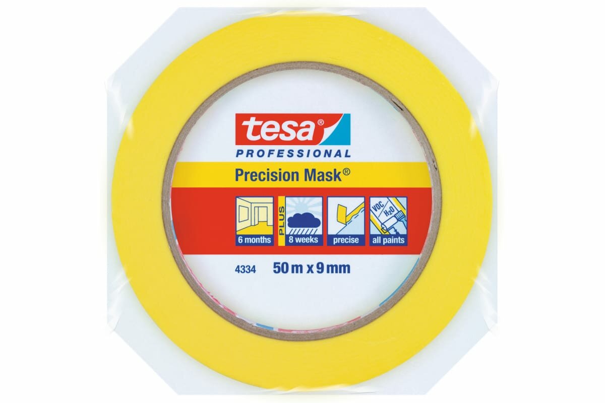 Малярная лента (скотч) TESA®, для четкого края, жёлтая 9 мм Х 50м (5 мес), 04334-00030-00