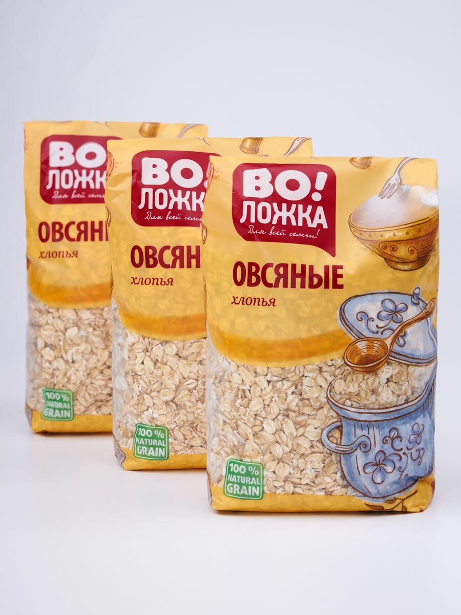 Хлопья овсяные 3шт по 450г Воложка (мягкая упаковка + картонная коробка)