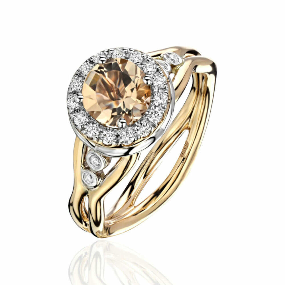 Кольцо, комбинированное золото, 585 проба, бриллиант, гелиодор