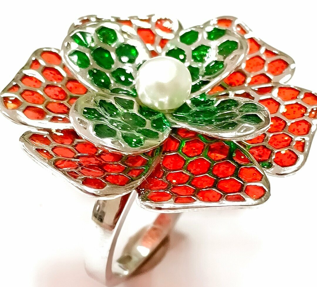Кольцо, серебро, 925 проба, родирование, эмаль, жемчуг культивированный