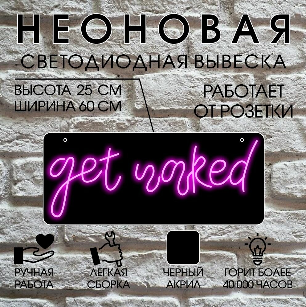 Неоновая вывеска, декоративный светильник на черном акриле GET NAKED 60х25 см/ розовый