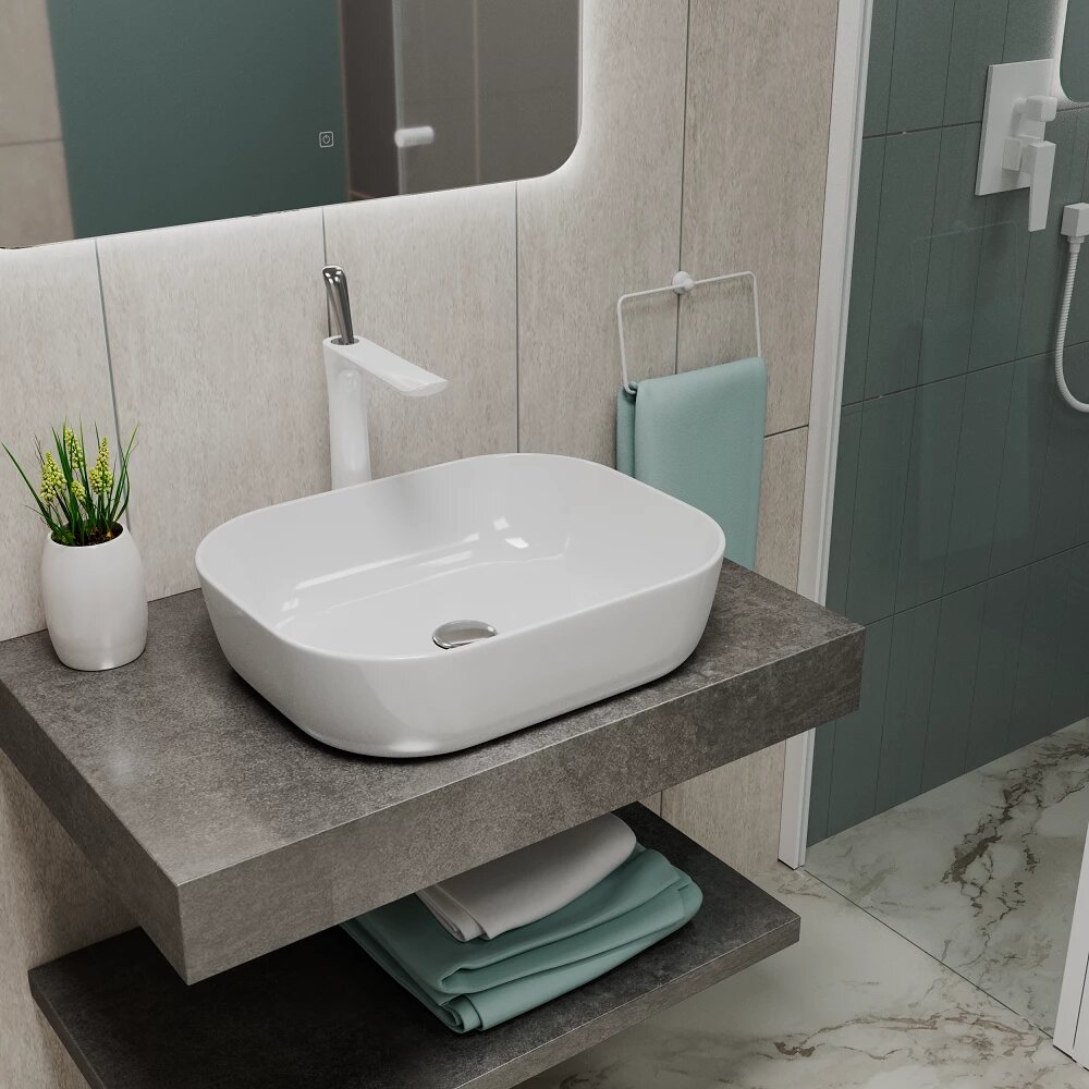 Раковина для ванной/ Раковина накладная D&K Berlin (DT1020116), 490*395*150мм, без перелива, чаша прямоугольная, белая, фарфоровая