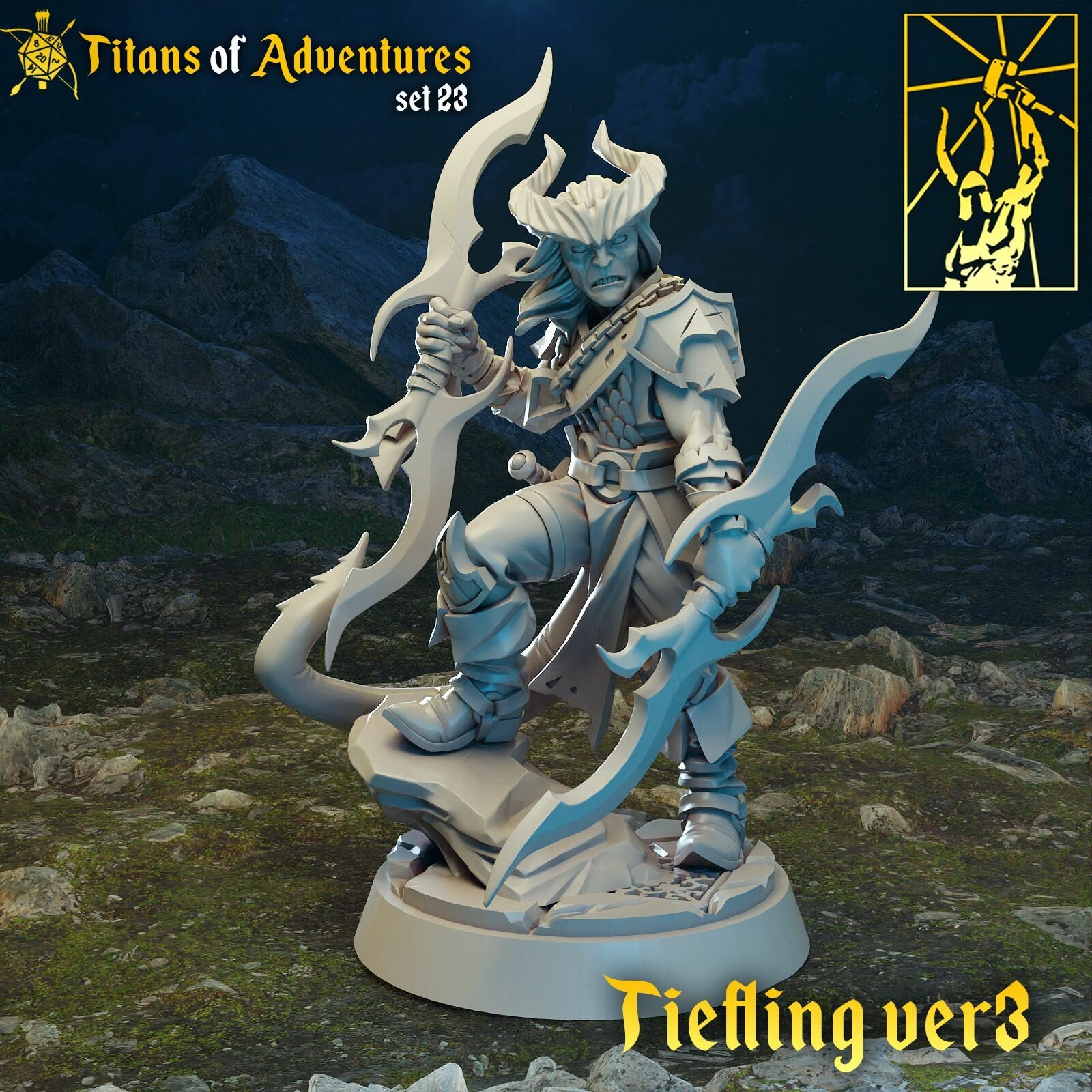 Миниатюра D&D "Тифлинг с двусторонними клинками" 32 мм (DnD, Dungeons & Dragons, ДнД, Подземелья и Драконы, Pathfinder)