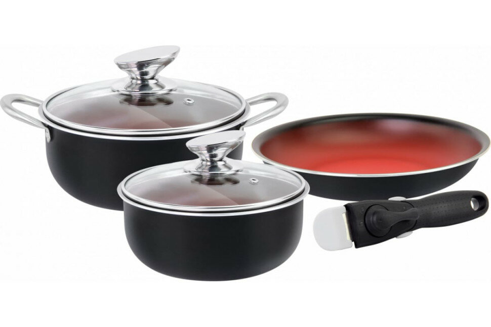 Pomi d'Oro P-640556 Comodo set, Набор посуды ( кастрюля 24см с крышкой, сковорода 24 см и ковш 18см с крышкой со съемной ручкой)