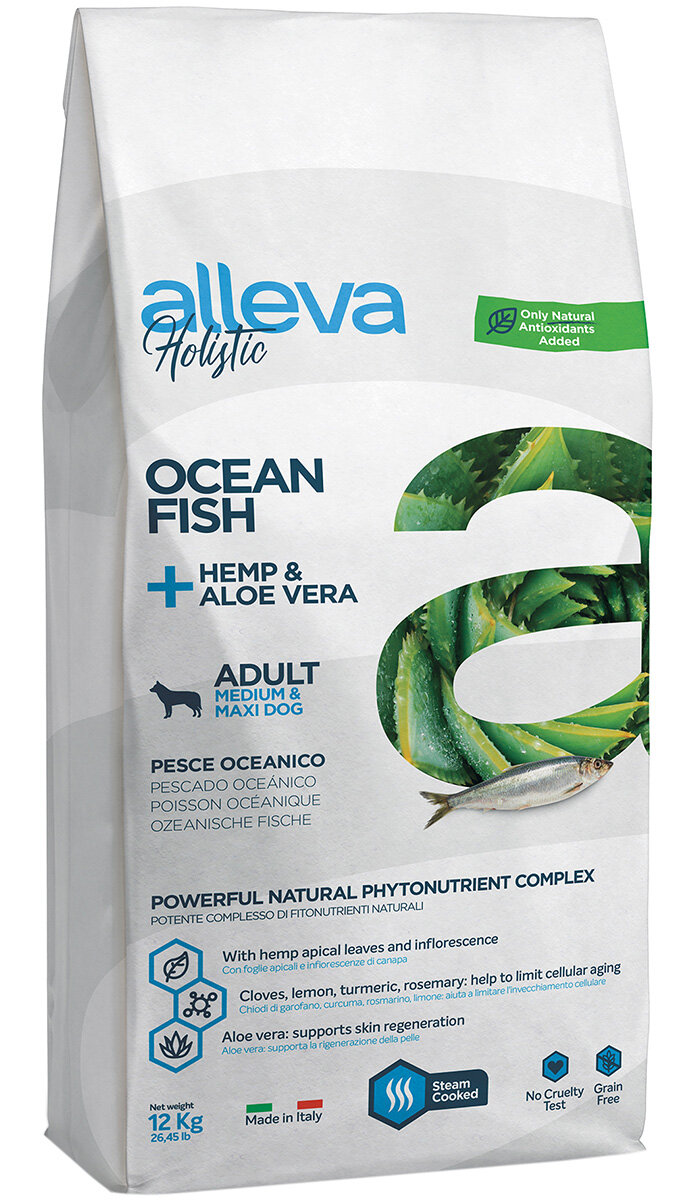 ALLEVA HOLISTIC ADULT DOG MEDIUM/MAXI OCEAN FISH беззерновой взрослые собаки средних/крупных пород с океаническая рыба/конопля/алоэ вера (2 кг х 6 шт)