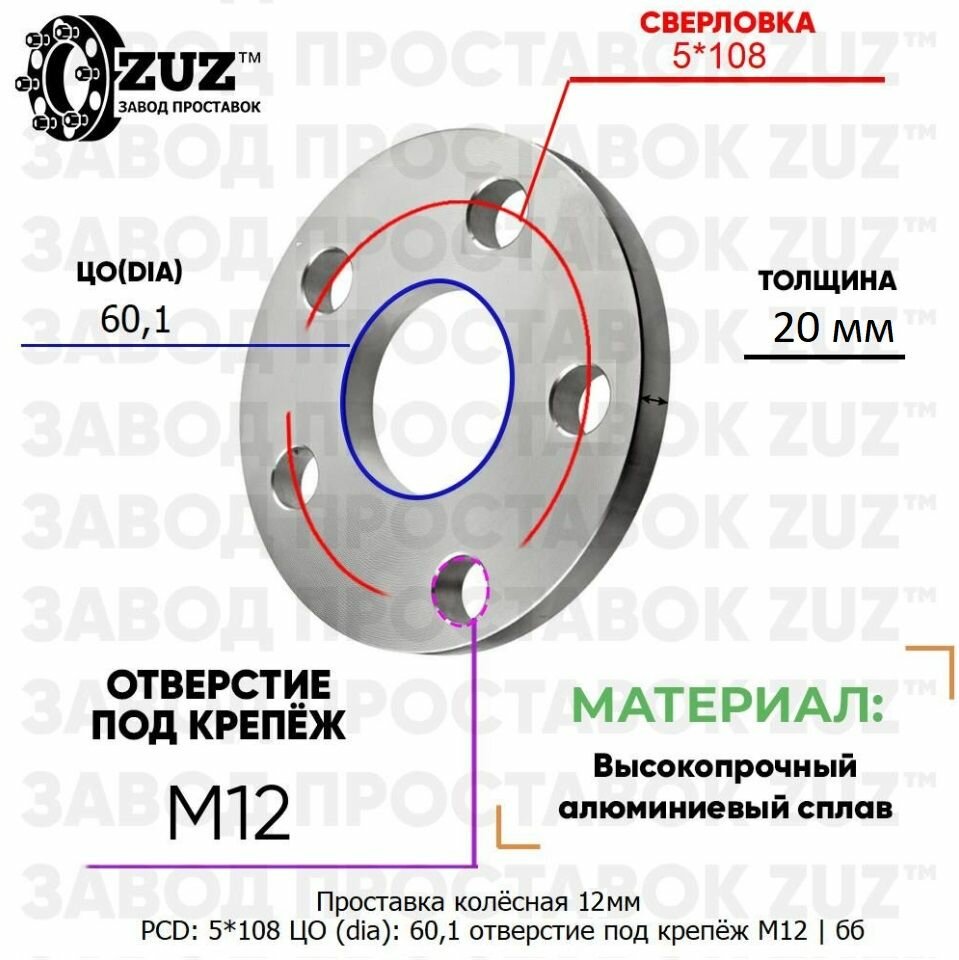 Проставка колёсная 1 шт 20 мм 5*108 ЦО 60,1 отверстие под крепёж М12 ступичная без бортика для дисков 1 шт на ступицу 5x108 5х108