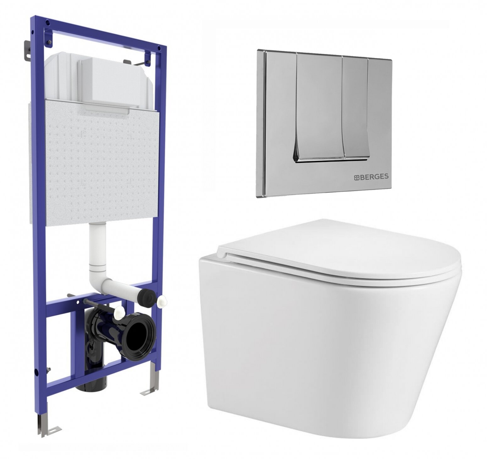 Комплект 3 в 1 инсталляция Berges Wasserhaus Novum 040243 + Подвесной унитаз WeltWasser Salzbach 043 GL-WT + кнопка хром