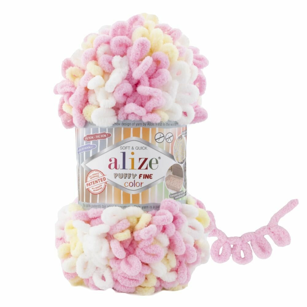 Пряжа PUFFY FINE COLOR (Alize), бел-роз-желт - 6367, 100% микрополиэстер, 5 мотков, 100 г, 14 м.