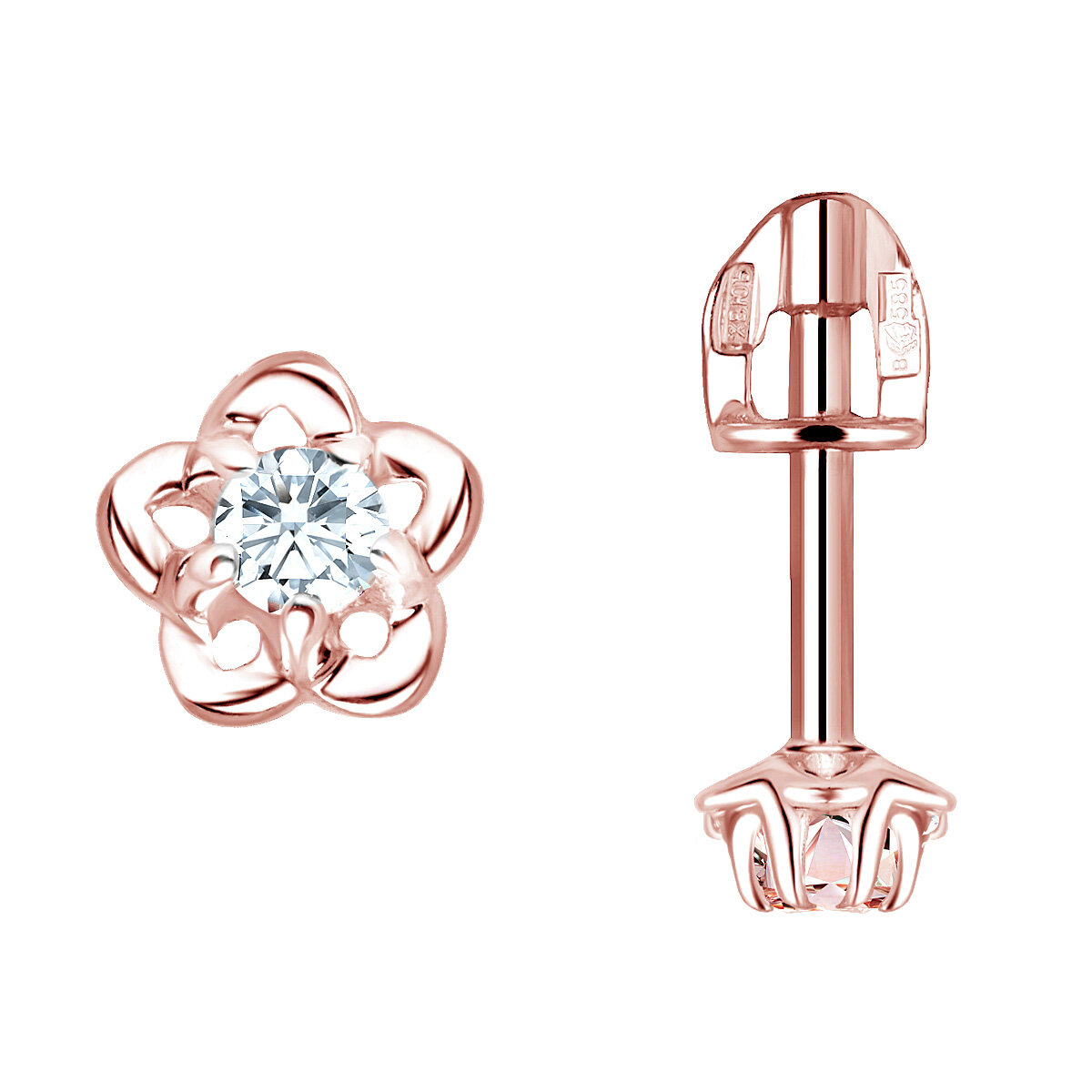 Серьги пусеты, красное золото, 585 проба, фианит