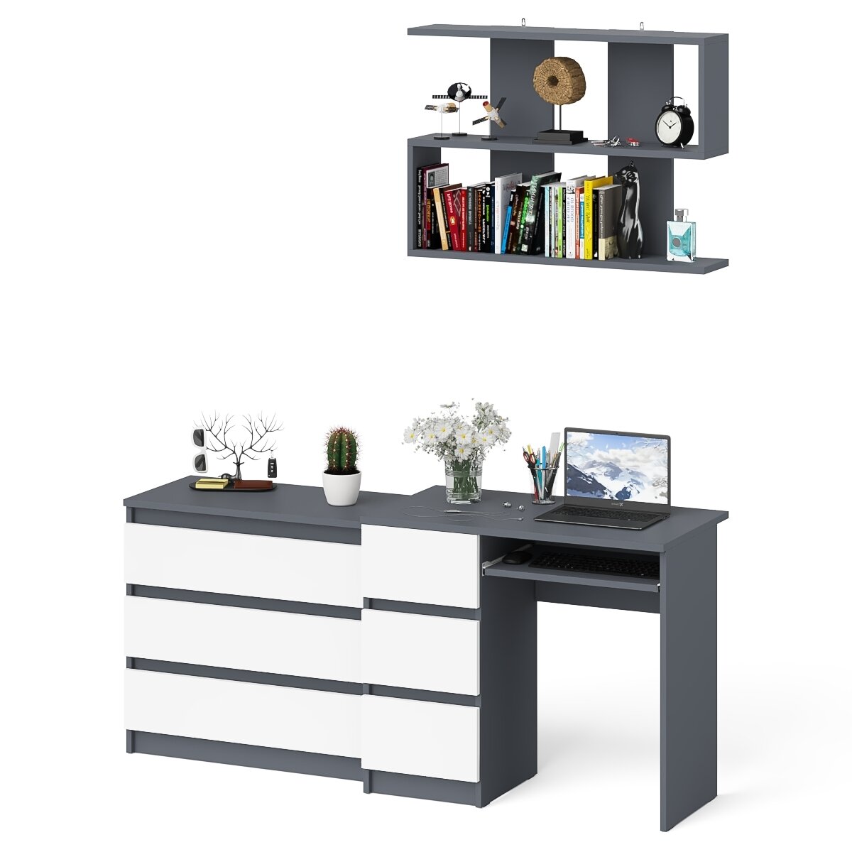 Компьютерный стол три ящика слева СВК Мори МС-6 с комодом МК800.1 и полкой графит/белый
