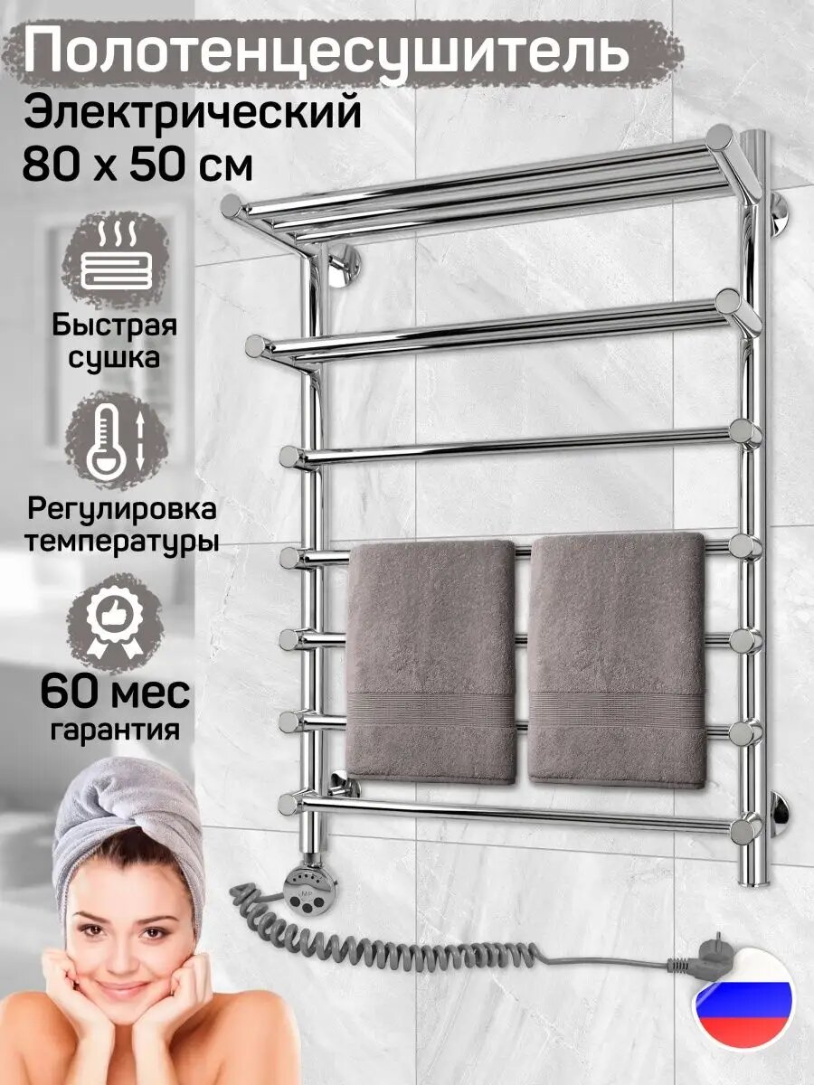 Полотенцесушитель Эрато с терморегулятором и кнопкой включения/выключения, 80х50 см, серый