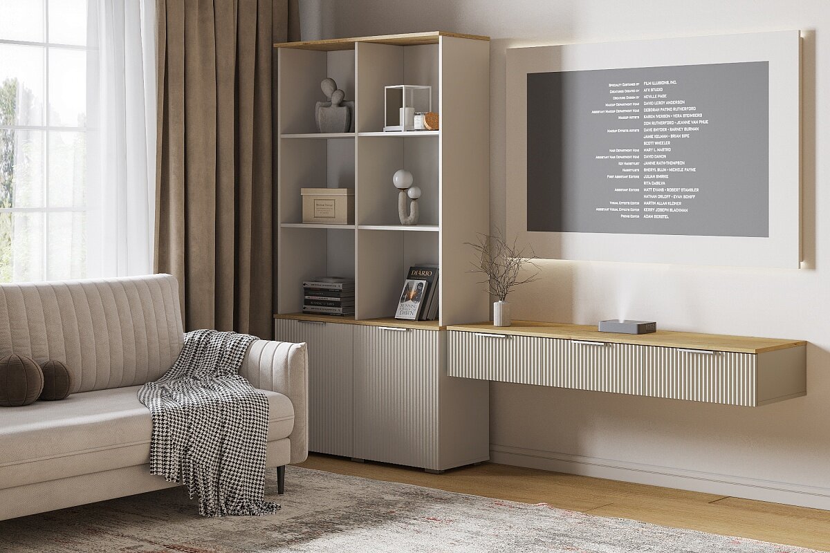 Гостиная МебельЛэнд24 Салерно - 1 Кашемир 247x42x190 бежевый с тумбой со стеллажом