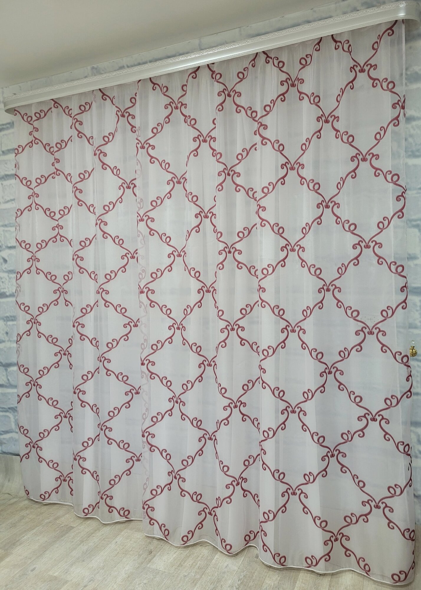 Тюль органза жаккард на шторной ленте 300*250 см, 1 полотно, прозрачный/красный