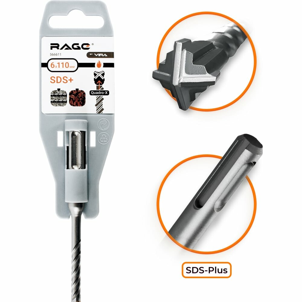 Бур по бетону Quadro-X 6x110 мм, SDS-plus rage by VIRA 566611, стальной, 6×110