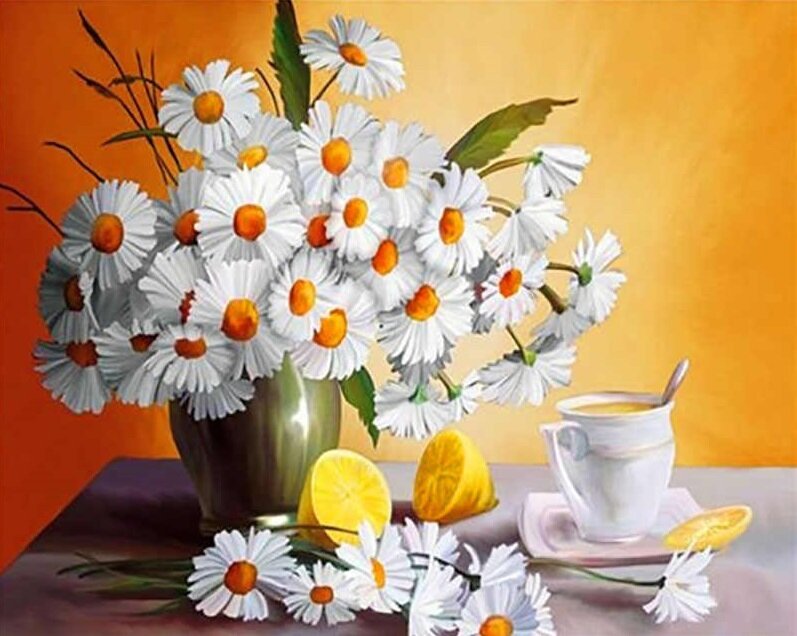 Алмазная мозаика на подрамнике/ Картина стразами/ Алмазное хобби "Букет ромашек. Натюрморт" 40х50 см, сложность 5, цветов 22/ Komas