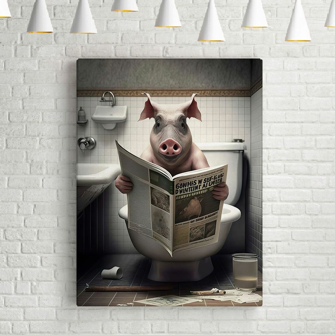 Картина на стену 30х40 Свинья с газетой в туалете смешная хрюшка
