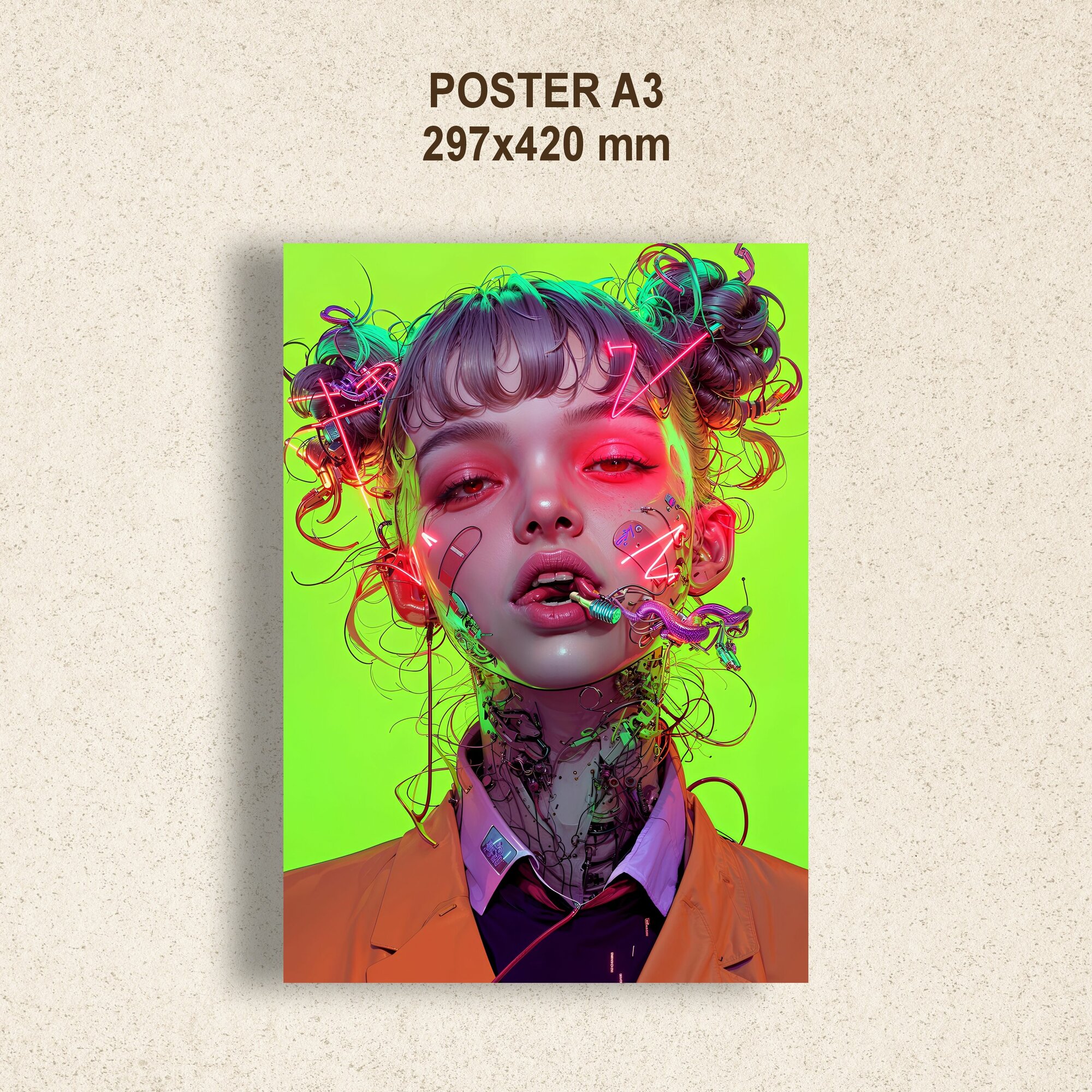 Постер на стену картинка аниме Девушка киберпанк, кислотные цвета