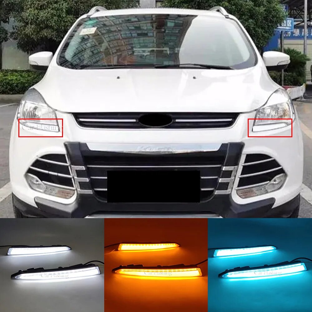 Дневные ходовые огни для Ford Kuga Escape 2013, 2014, 2015, 2016, 2017, 1 пара Dynamic, White Yellow Blue