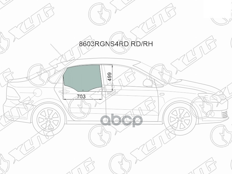 Стекло боковое опускное (Сзади/ Справа/ Цвет зеленый) Skoda Rapid 20- / Volkswagen Polo 09-20 XYG арт. 8603RGNS4RD RD/RH