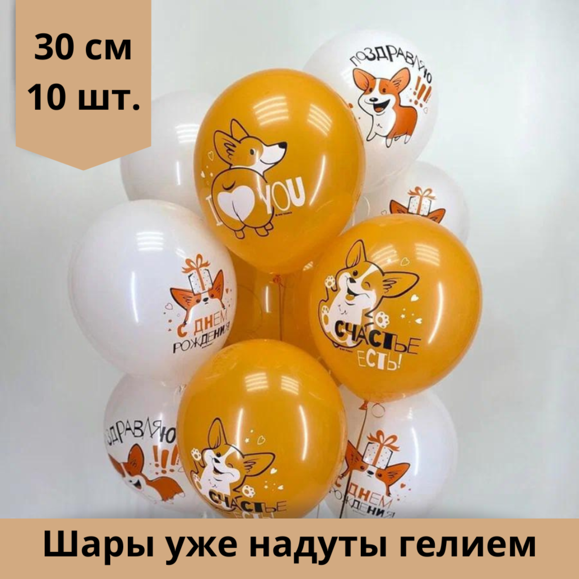 Набор воздушных шаров Best Shar "Корги" с гелием, 10 штук, оранжевый, диаметр 30см