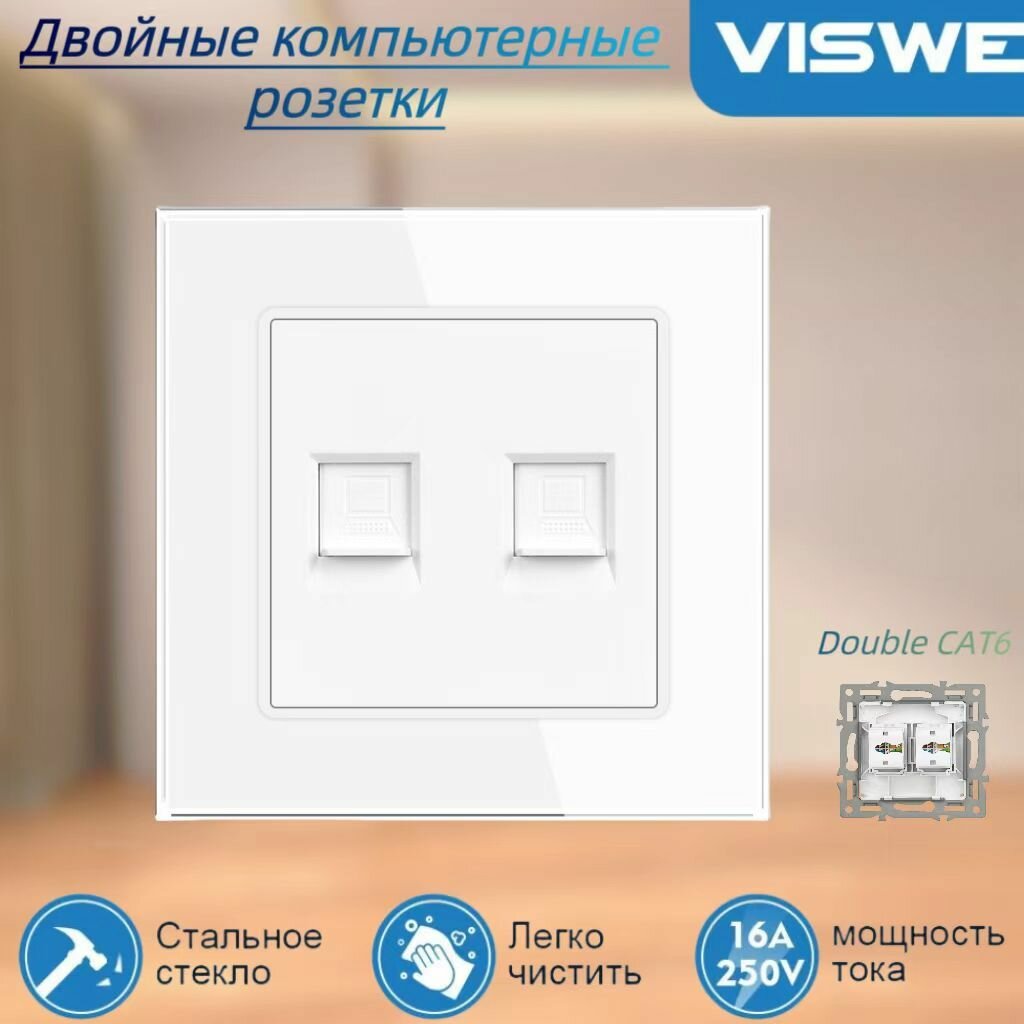 Двойные компьютеры CAT6 розетки, стальные стеклянные панели, Белый