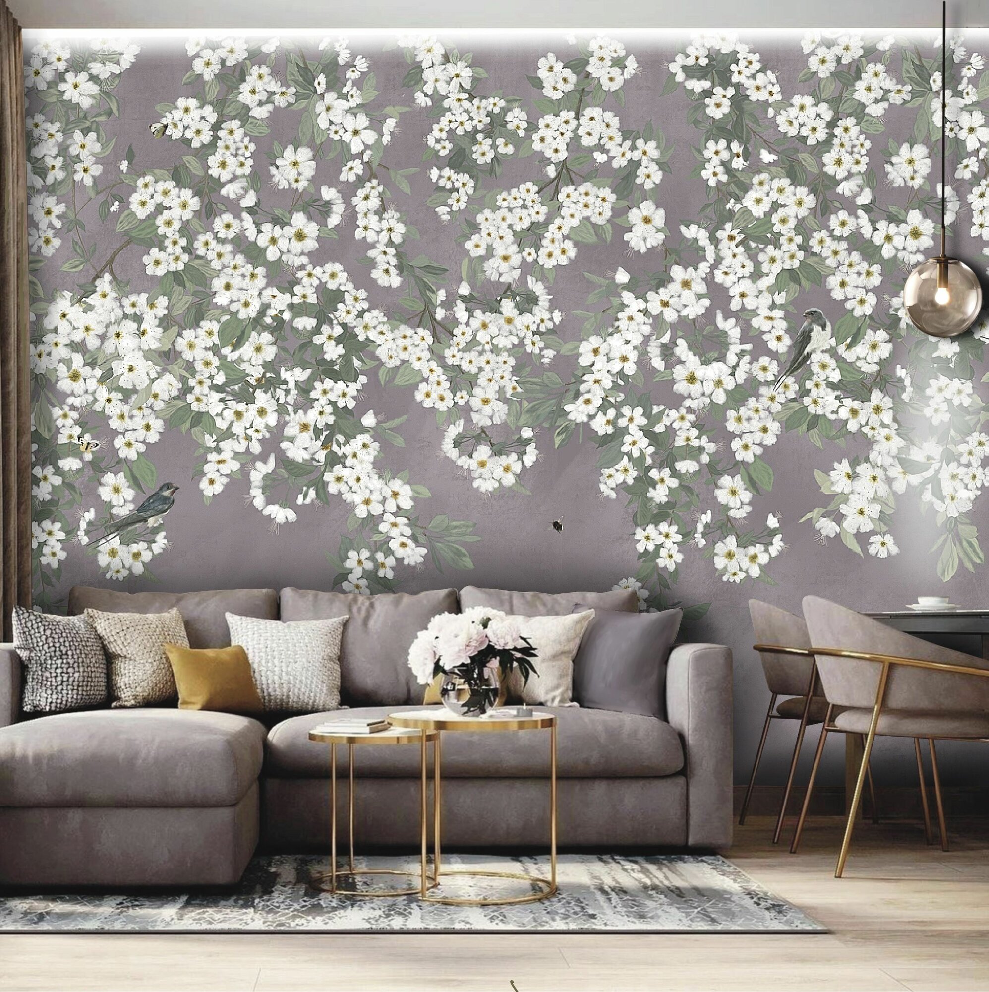 Фотообои бесшовные "Ласточки" розовый пудровый (ширина 2550мм х длина 3500мм)