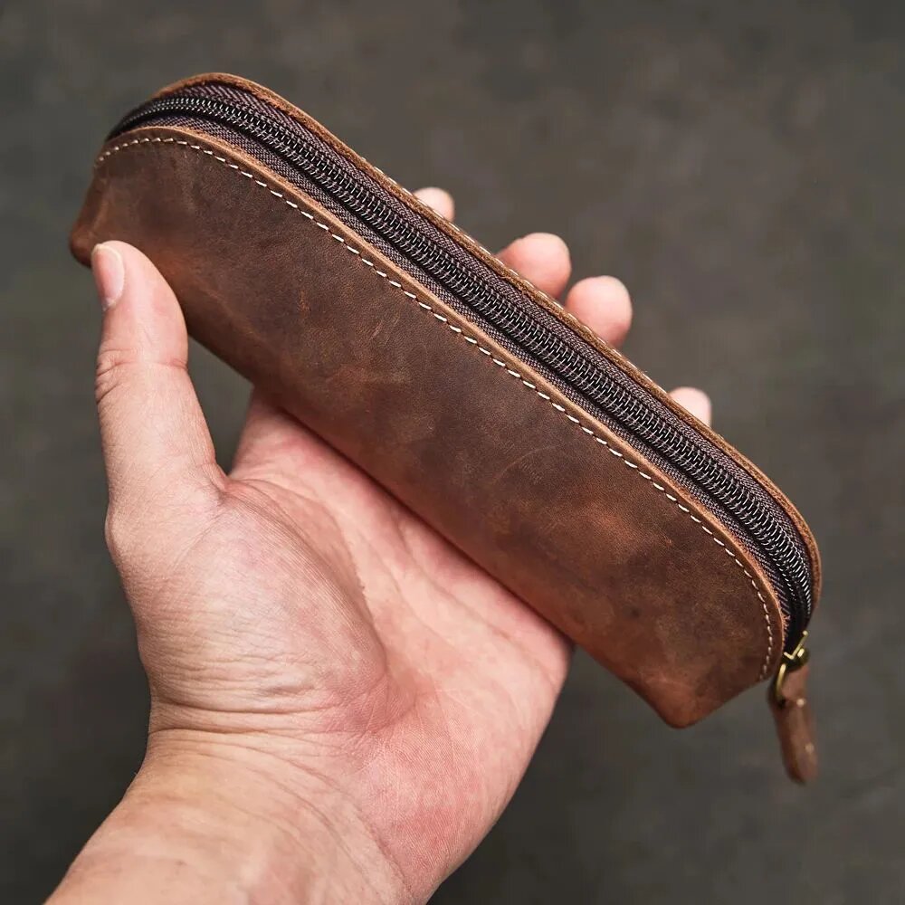 Пенал из натуральной кожи NASVA, кожаный пенал на молнии, коричневый