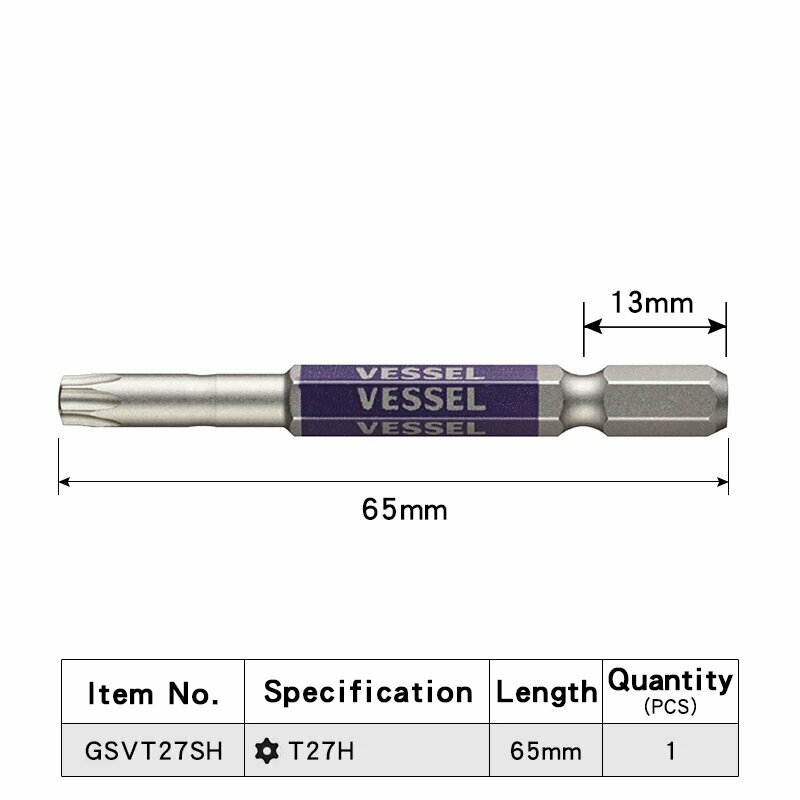 VESSEL Шестигранная электрическая отвертка 1/4 дюйма, звездообразные биты, магнитная головка привода № GSVT серии T4, T5, T6, T8, T10, T15, T20, T25, T27, T30, T40