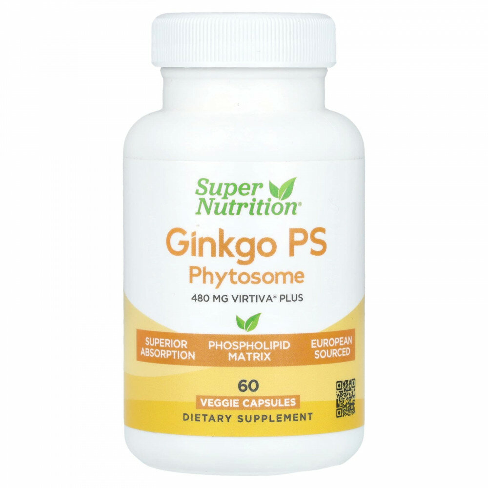 Super Nutrition, Ginkgo PS Phytosome, фитосома гинкго с ФС, с экстрактом гинкго, 480 мг, 60 растительных капсул