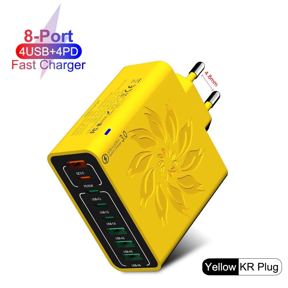 Полностью 65 Вт, многопортовое USB-зарядное устройство типа C, адаптер для быстрой зарядки телефона, дорожное зарядное устройство QC3.0 для iPhone, Xiaomi, Samsung KR Yellow