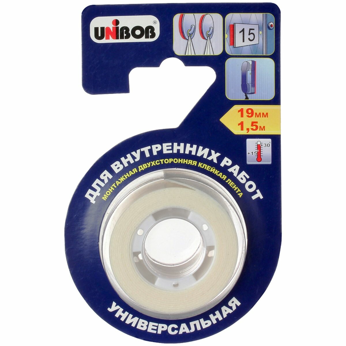 Клейкая лента (скотч) монтажная двусторонняя Unibob (19мм x 1.5м, на вспененной основе, белая) (4607025335511), 60шт.