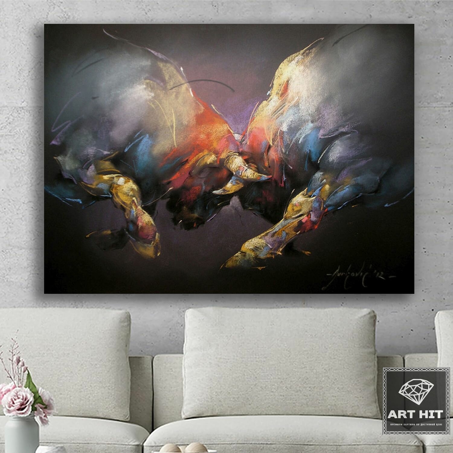 Картина с борьбой быков, бык, 40х60 см.