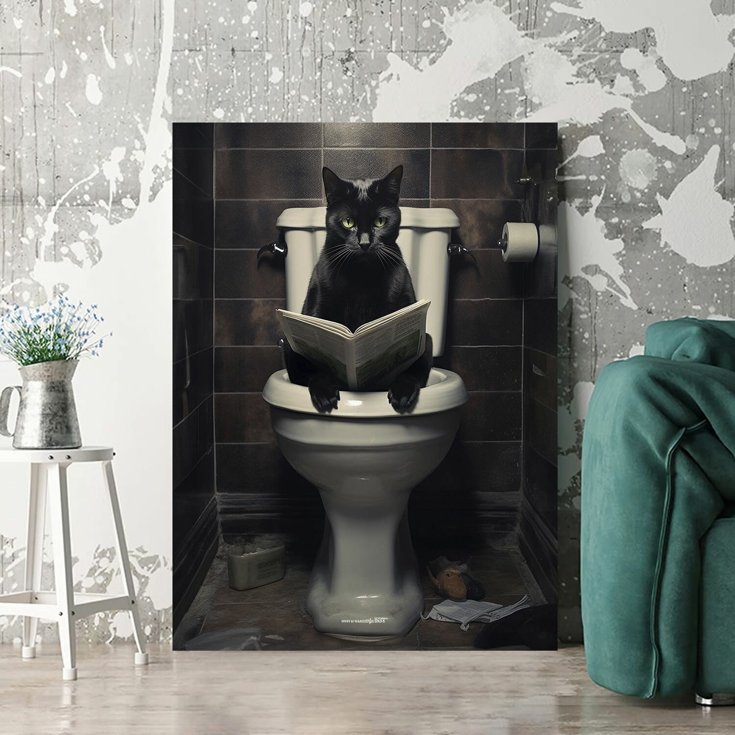 Картина в туалет, ванную комнату Кот читает, 30х40 см.