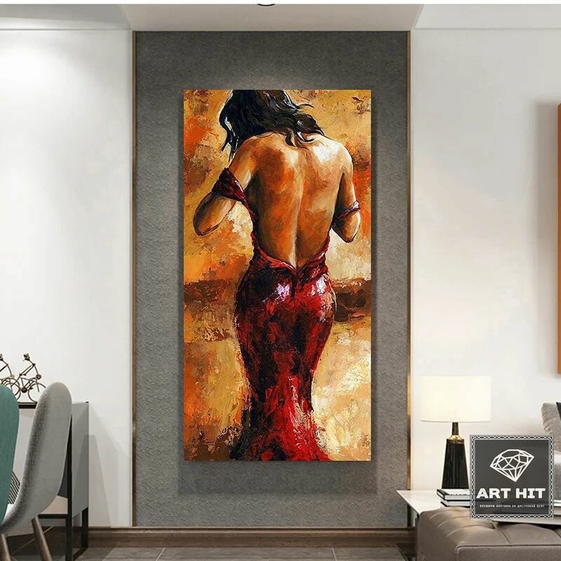 Картина вертикальная на стену, Девушка в красном платье, 40х80 см.