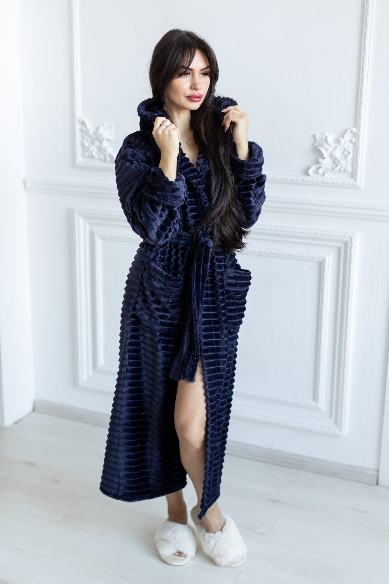 Халат домашний теплый женский с капюшоном на запах