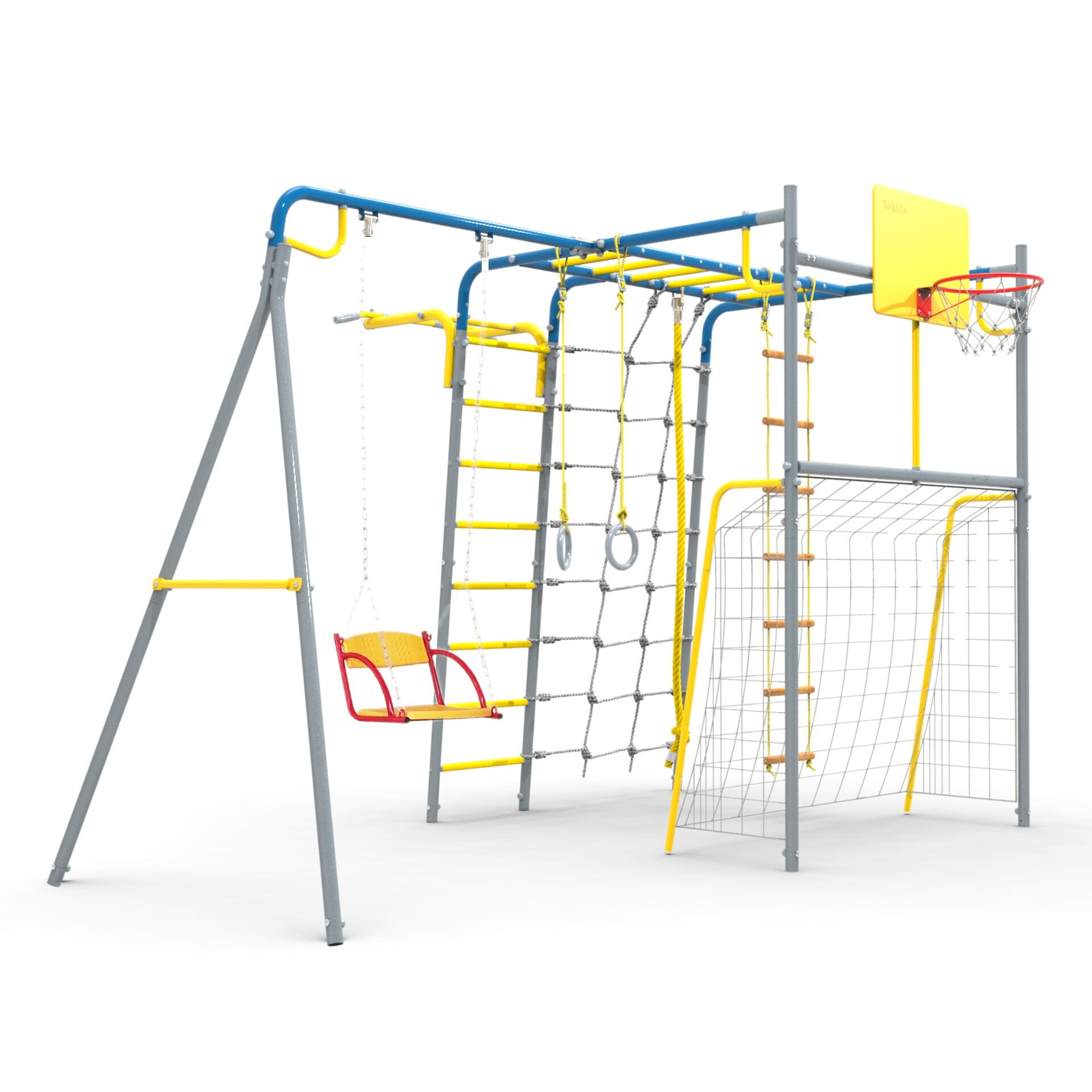 Физрук с доп. стойкой для качелей и воротами, цепные качели, цвет синий-серый, уличный детский спортивный комплекс, спортивный комплекс для детей, уличный дск