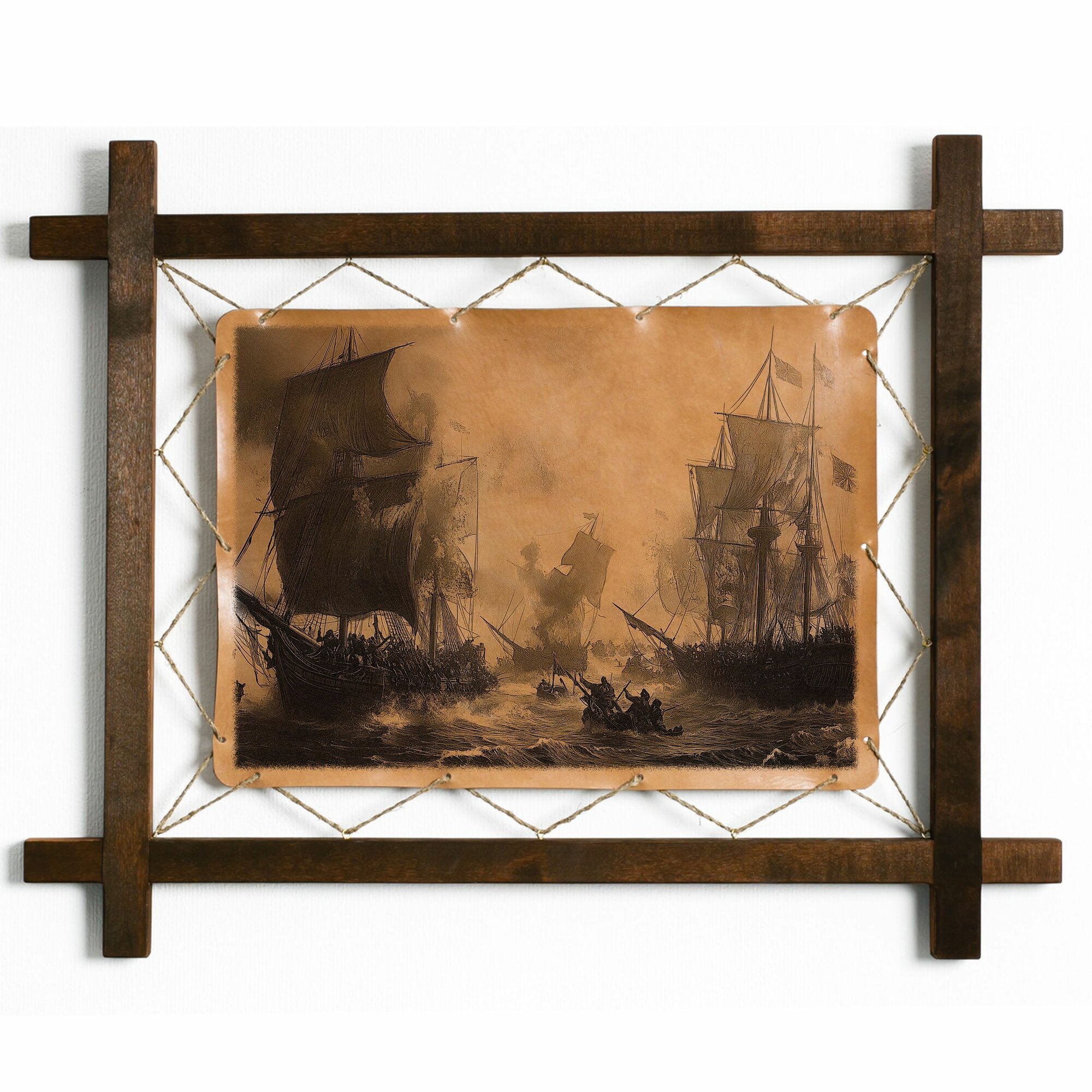 Интерьерная картина из натуральной кожи "Сражение пиратских фрегатов", декоративное настенное панно в деревянной раме, BoomGift