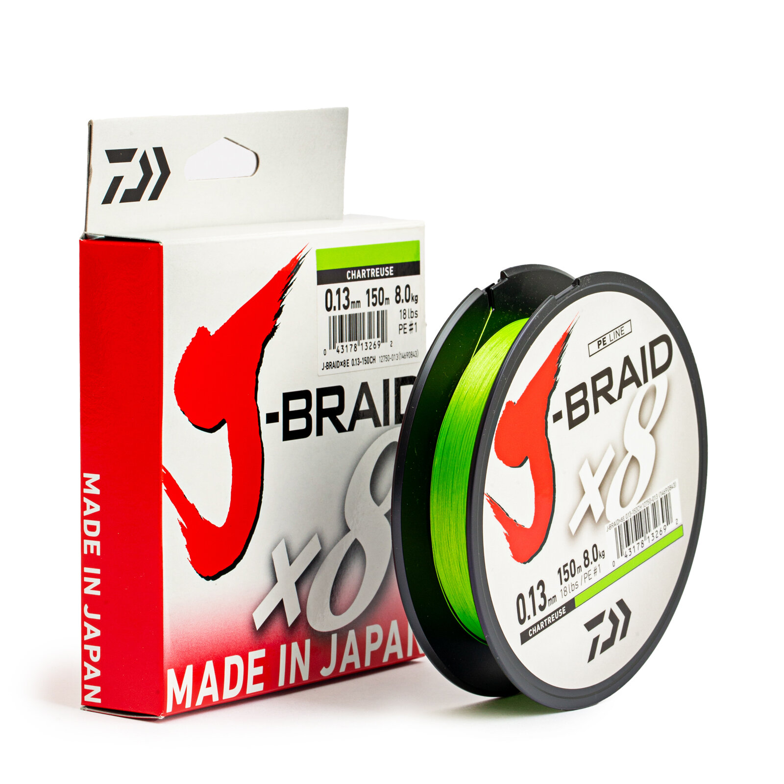 Плетеный шнур Daiwa J-Braidx8, 0.13 мм, 8.0 кг, 150 м, светло-зелёный