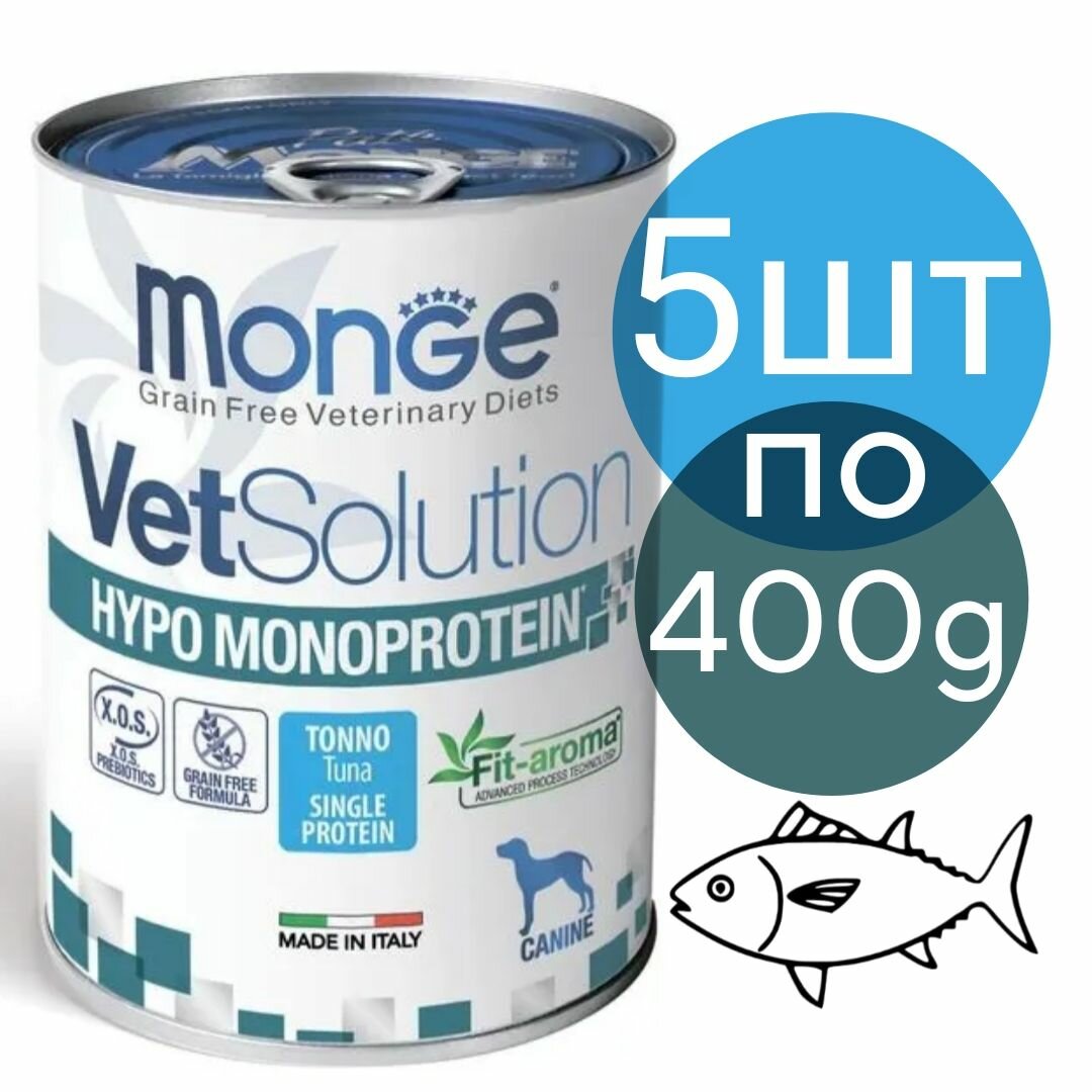 Влажный корм Monge VetSolution HYPO MONOPROTEIN для собак, при пищевой непереносимости , со вкусом тунца (5шт по 400г)