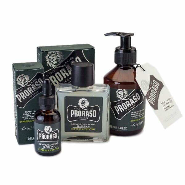PRORASO Cypress And Vetyver Набор для ухода за бородой (Шампунь 200 мл + Масло 30 мл + Бальзам 100 мл)