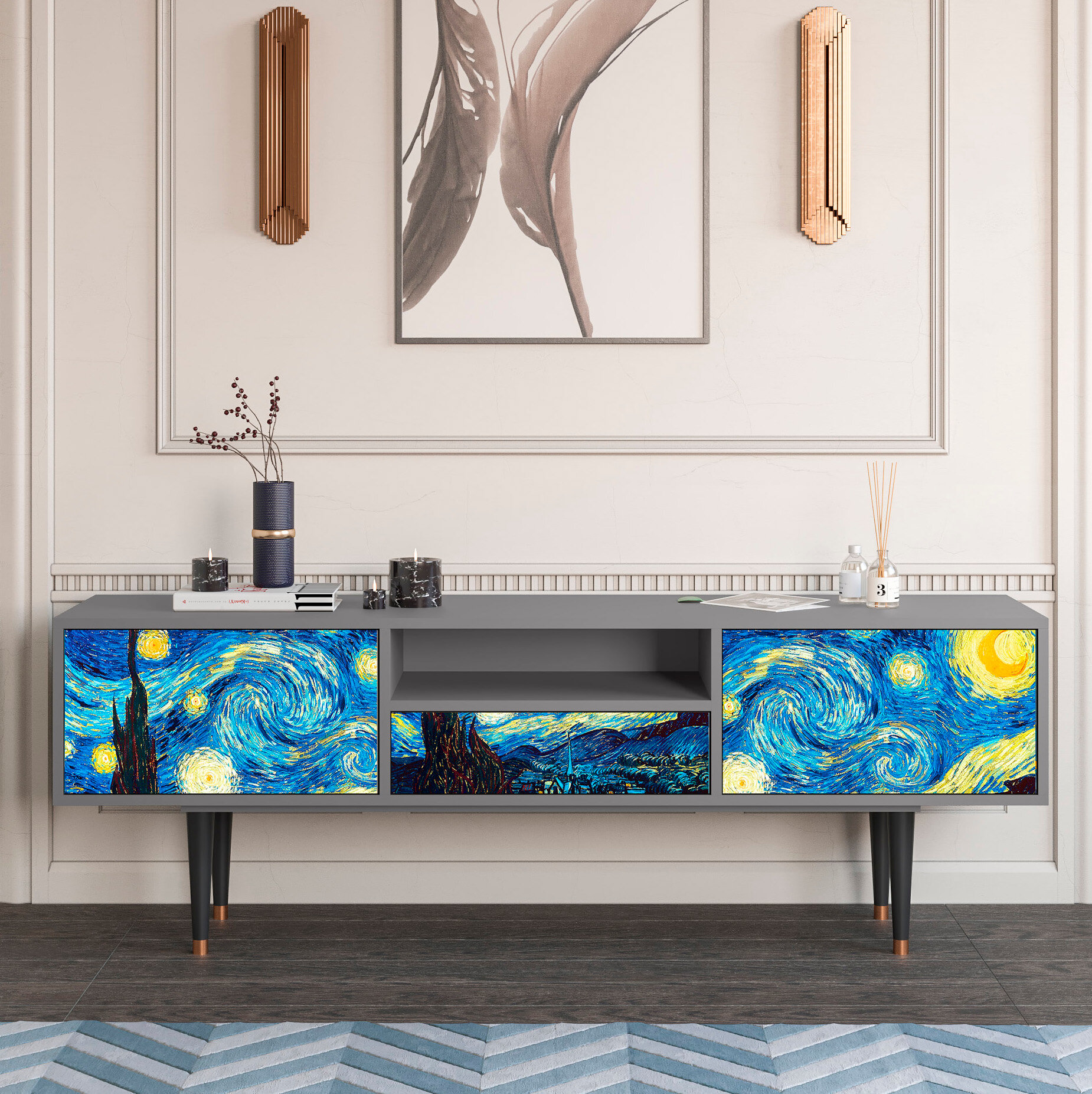 ТВ-Тумба - STORYZ - T6 The Starry Night by Vincent van Gogh, Размер - 170 x 69 x 41 см, Цвет корпуса - , Серый