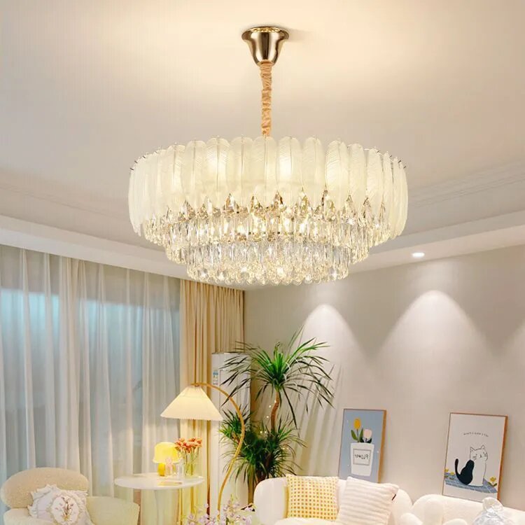 Роскошная люстра из перьев и хрусталя Современное минималистичное освещение для гостиной Французский кремовый стиль