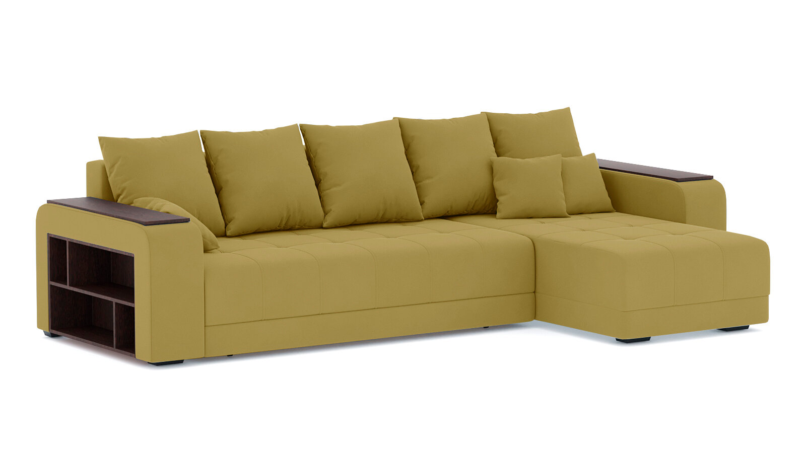 Угловой диван кровать Дубай, угол универсальный, полки в подлокотнике, велюр Зара Yellow 44