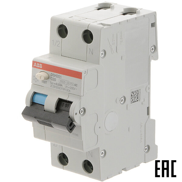Дифференциальный автомат АВВ DSH201R (тип АС) 20А-30мА 230В 1P+N 4,5кА 2CSR245072R1204 C20 30мA