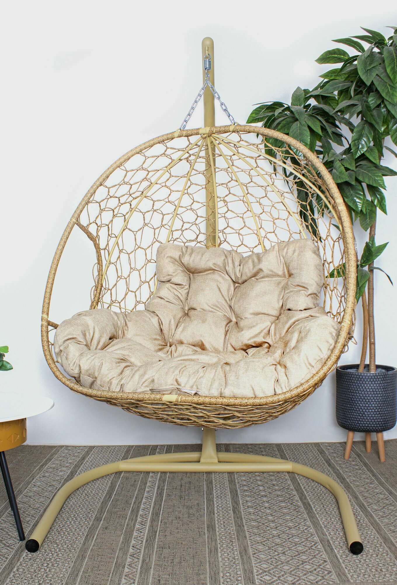 Подвесное кресло HOME для двоих бежевое, подушка лён