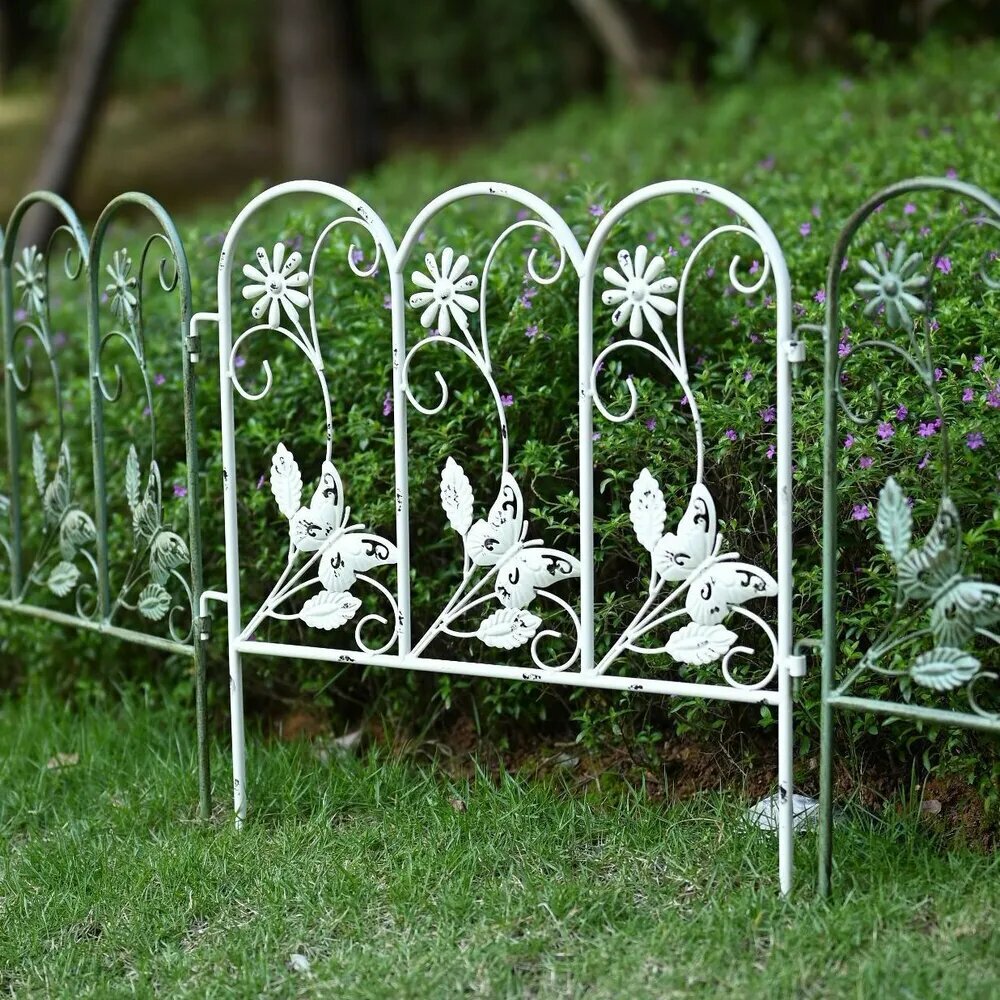Садовый бордюр, с фигурами бабочек и цветов, кованный металл, белый, 50 см