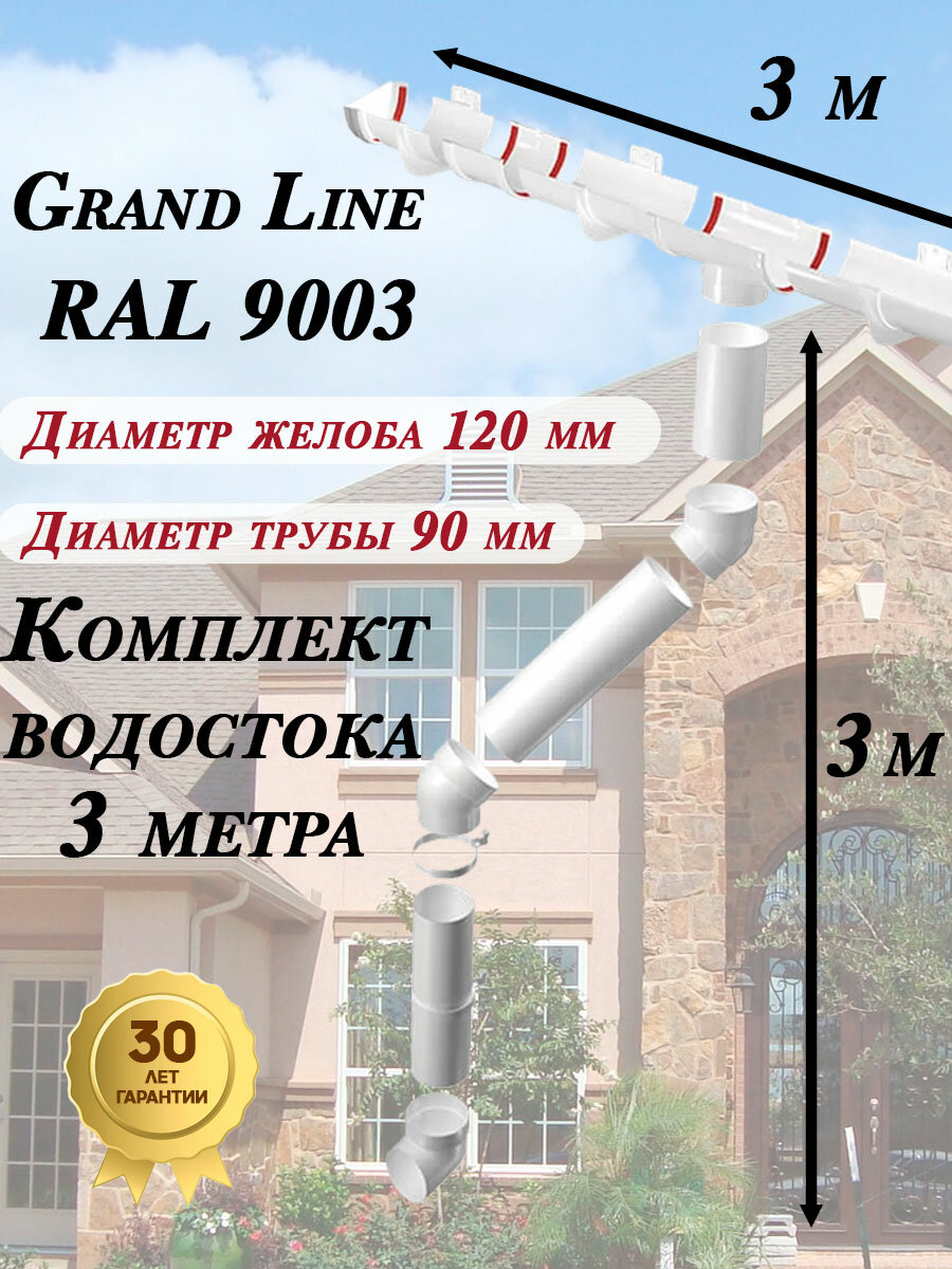 Водосточная система Grand Line 3 м по 1 метру ( 120мм/90мм ) белый (RAL 9003 пломбир) водосток для крыши пластиковый (Гранд Лайн) комплект ПВХ