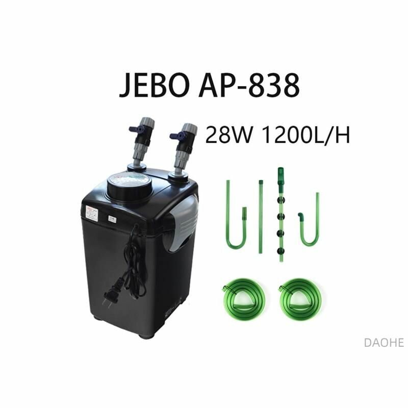 Внешний фильтр-бочка jebo AP-838 silent black мощностью 28 Вт, 1200 л/ч, 4 корзины, полный комплект фитингов, встроенная губка, подходит для аквариума диаметром 80-100 см