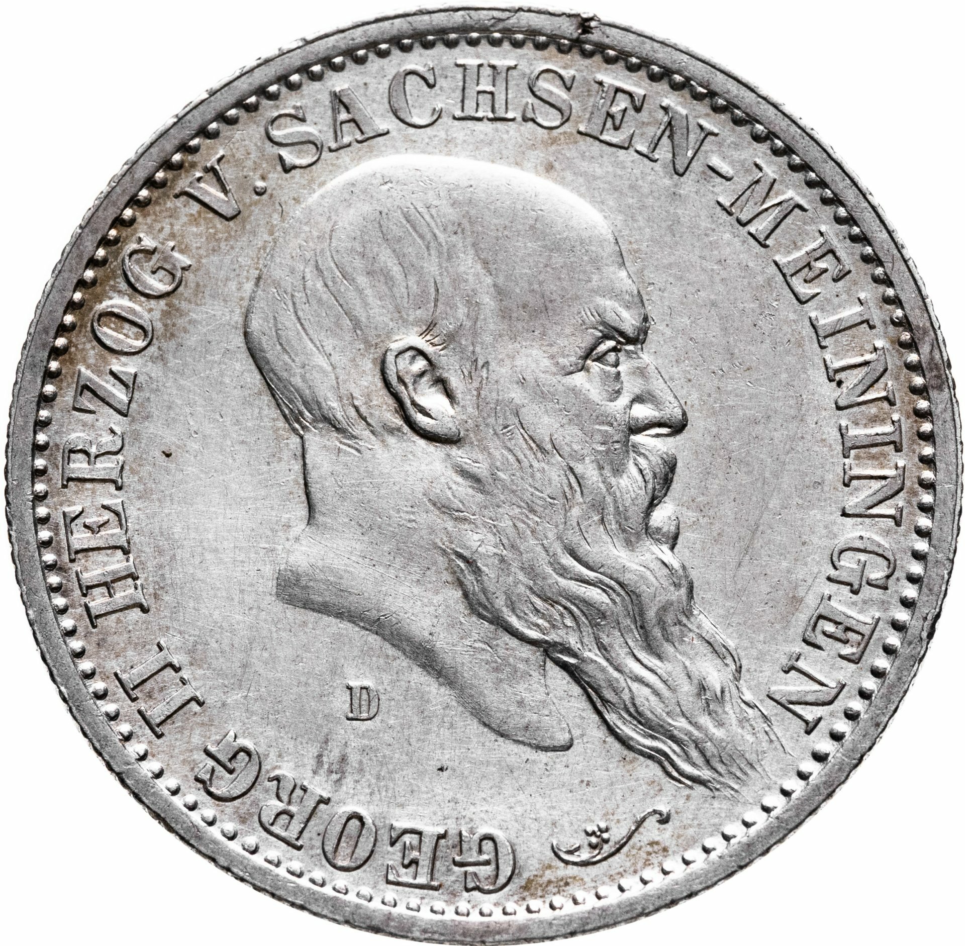 Германская империя, Саксен-Мейнинген 2 марки 1901 "75 лет со дня рождения Георга II Саксен-Мейнингенского", Серебро 900, в сохранности UNC